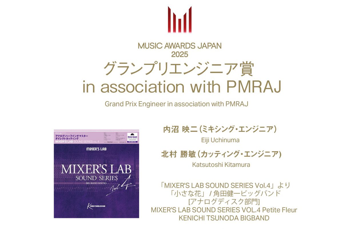 「MUSIC AWARDS JAPAN」の“グランプリエンジニア賞”を内沼映二氏＆北村勝敏氏が受賞 - PHILE WEB