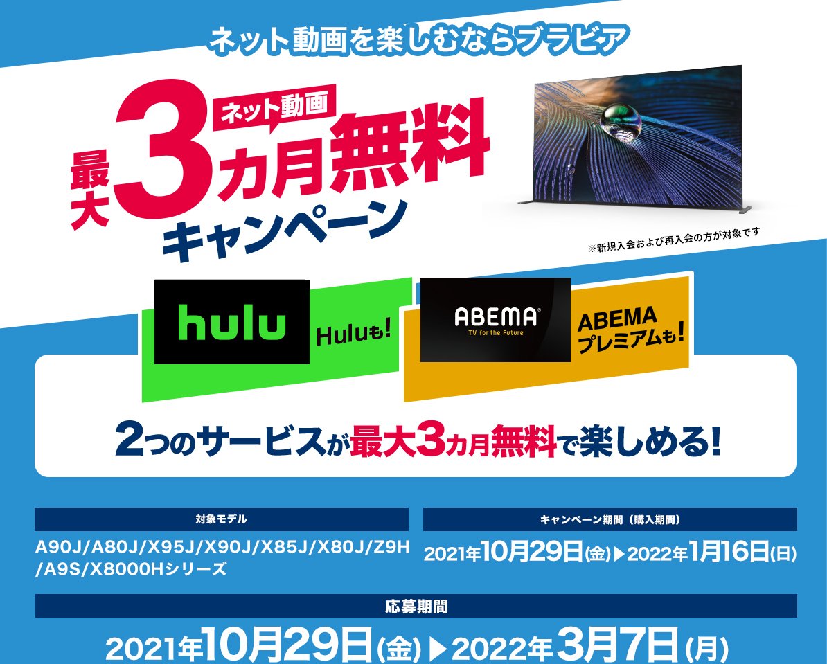 ソニー、対象の「BRAVIA」購入でHulu／ABEMAプレミアムが最大3ヶ月無料になるキャンペーン - PHILE WEB